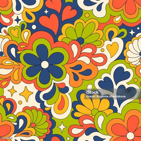 레트로 그루비 60 년대 70 년대 벡터 원활한 패턴 패키지 브랜딩 섬유 문구류 포장지 기프트 카드 모든 표면을위한 꽃과 하트가