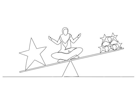 이슬람 여성의 만화는 질과 양을 비교하는 비늘에 앉아 있습니다 단일 연속 라인 아트 스타일 프리미엄 벡터