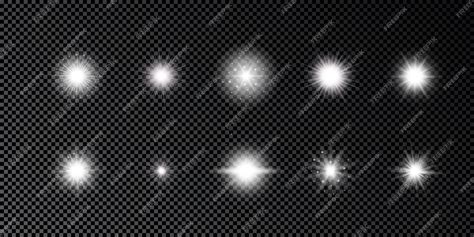 렌즈 플레어의 조명 효과 어두운 투명 배경에 반짝임이 있는 10개의 흰색 빛나는 조명 스타버스트 효과 세트 벡터 일러스트 레이 션 프리미엄 벡터