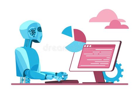 Automation Of Business Project And Task Chat Bot Service Robot Sitting At Computer Desk Stock