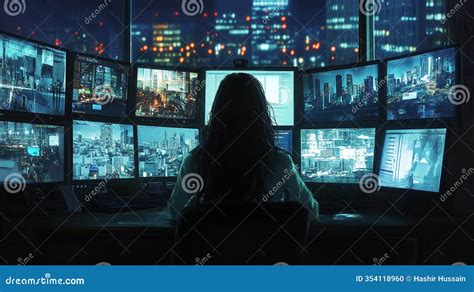Security Operator Monitoring City Surveillance System At Night Stock