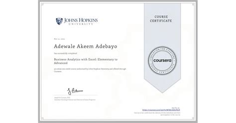 Earned Business Analytics With Excel From Johns Hopkins Akeem Adebayo Posted On The Topic