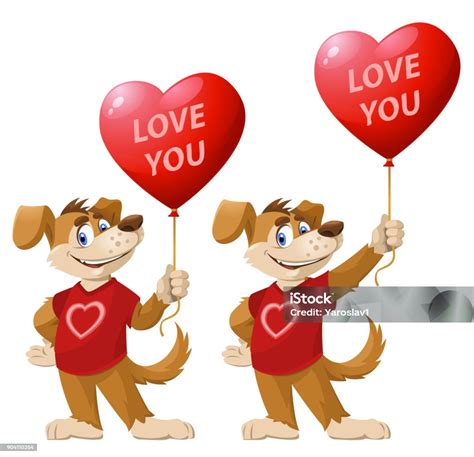 사랑해요 재미 있는 만화 개 2018 년의 상징 발렌타인 심장 모양 풍선을 보유 하고있다 만화 스타일된 벡터 일러스트 레이 션 요소를 그룹화 합니다 2018년에 대한 스톡