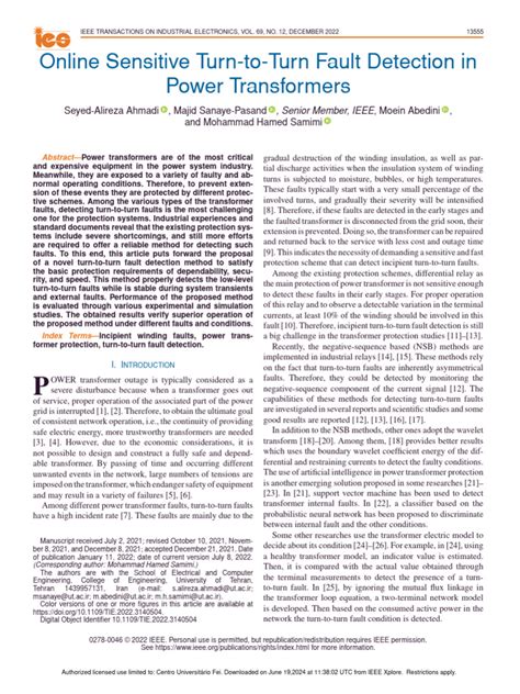 Online Sensitive Turn To Turn Fault Detection Pdf Transformer