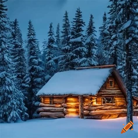 Winter Scene With Log Cabin Deer And Snow On Craiyon