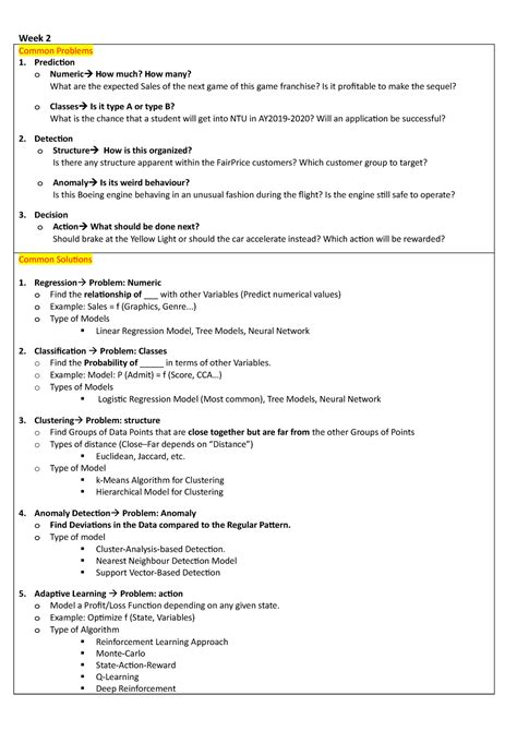 Python Note Week 2 Common Problems 1 Prediction O Numeric How Much