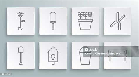 세트 라인 삽 정원 흙손 스페이드 또는 삽 레트로 벽 시계 양동이 벤치 냄비에 식물 원예 수제 가위 및 잔디 잡초 전기 문자열 트리머 아이콘 벡터 0명에 대한 스톡 벡터