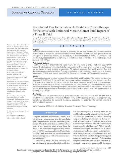 Pdf Pemetrexed Plus Gemcitabine As First Line Chemotherapy For Patients With Peritoneal