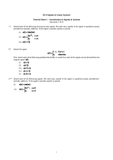 Tutorial 1 Signals And Systems 11 E2 Signals And Linear Systems