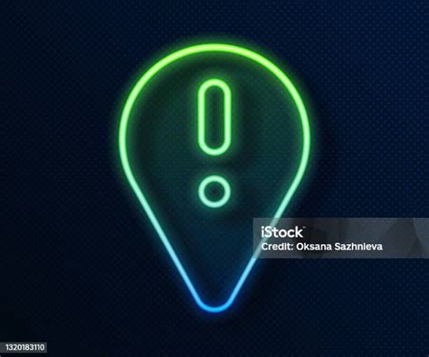 파란색 배경에 격리된 느낌표 아이콘이 있는 빛나는 네온 선 맵 포인터입니다 위험 경고 표지판 주의 주의 위험 경고 중요 한 표시 벡터 0명에 대한 스톡 벡터 아트 및 기타