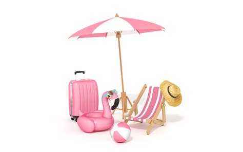 핑크 플라밍고 플로트 열대 조류 모양풍선 수영장 링 및 흰색 배경 3d 렌더링에 고립 된 비치 의자가있는 수하물 3d 일러스트 여름 시즌과 여행 최소한의 개념 디지털 생성