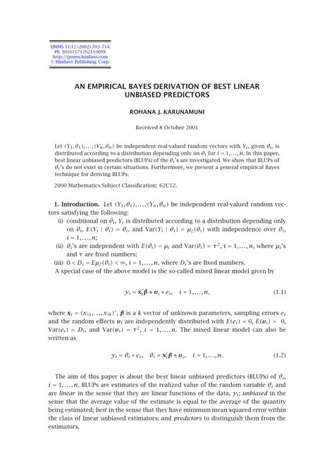 Pdf An Empirical Bayes Derivation Of Best Linear Unbiased Predictors
