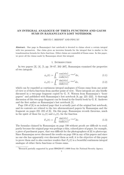 Pdf An Integral Analogue Of Theta Functions And Gauss Sums In Ramanujans Lost Notebook