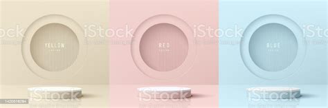 베이지색 파란색 분홍색의 사실적인 실린더 연단이있는 추상적 인 3d 배경 세트 원 장면의 수직 패턴입니다 벡터 렌더링 기하학적 형태 모형 제품 표시 최소한의 장면 무대