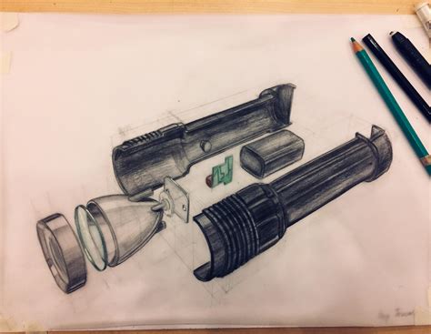 Exploded Flashlight Drawing Rendered Rdrawing