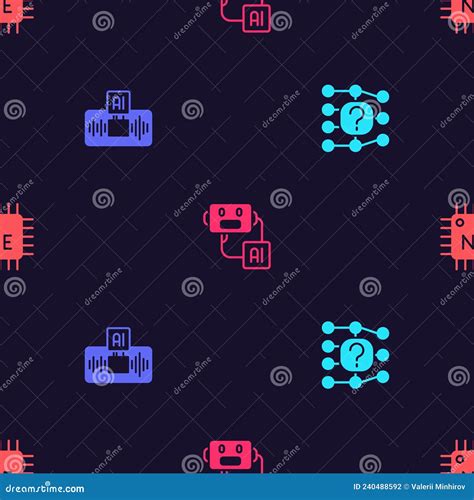 Set Neural Network Artificial Intelligence Ai Robot And Processor Cpu On Seamless Pattern