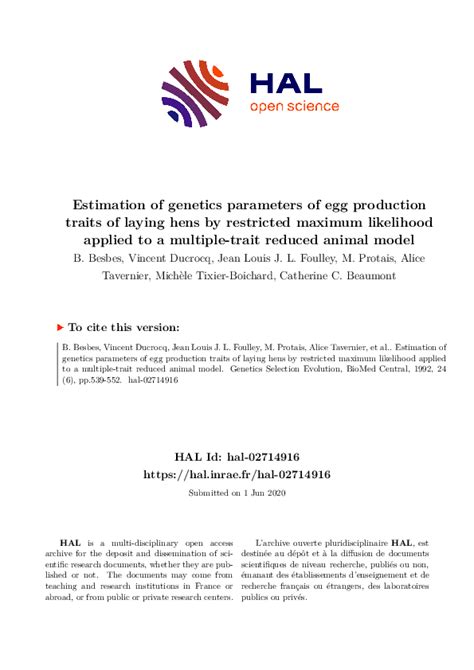 Pdf Estimation Of Genetics Parameters Of Egg Production Traits Of Laying Hens By Restricted