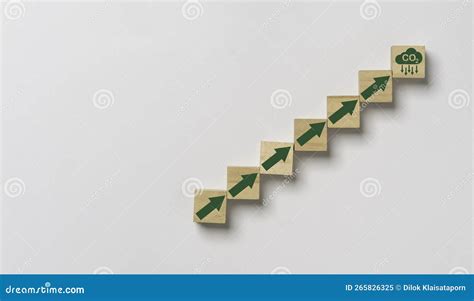 Co2 Reducing Icon With Up Arrow On Wooden Block Cube For Enhance