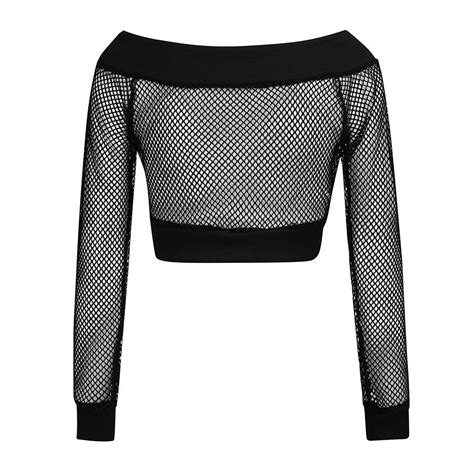 Womens Black Mesh Crop Top With Long Sleeve