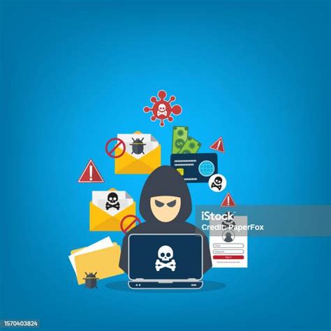 기밀 데이터 개인 정보 및 신용 카드 세부 사항을 훔치는 노트북 컴퓨터와 해커 해킹 개념 위협에 대한 스톡 벡터 아트 및 기타 이미지 Istock