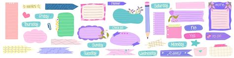 스티커 플래너 다양한 종이 메모 노트 할 일 목록 플래너를 위한 테이프가 있는 귀여운 밝은 스티커 노트 손으로 그린 귀여운 컬렉션 배지 텍스트 및 알림에 대한 프레임입니다
