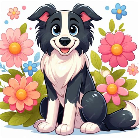 귀여운 보더 콜리 개와 꽃 터 만화 일러스트레이션 프리미엄 벡터