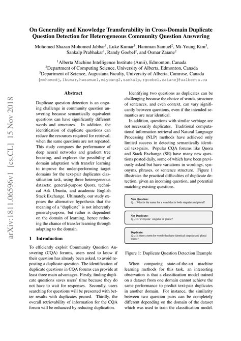 Pdf On Generality And Knowledge Transferability In Cross Domain Duplicate Question Detection