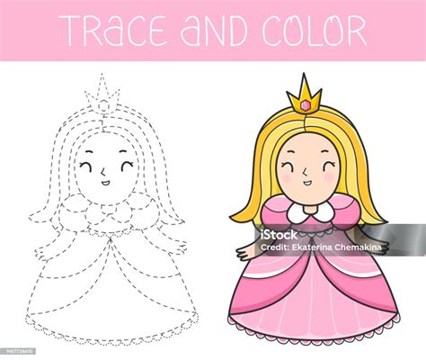 아이들을 위한 공주와 함께 추적 및 컬러 색칠하기 책 만화 공주와 함께 색칠 공부 페이지 벡터 그림입니다 검은색에 대한 스톡