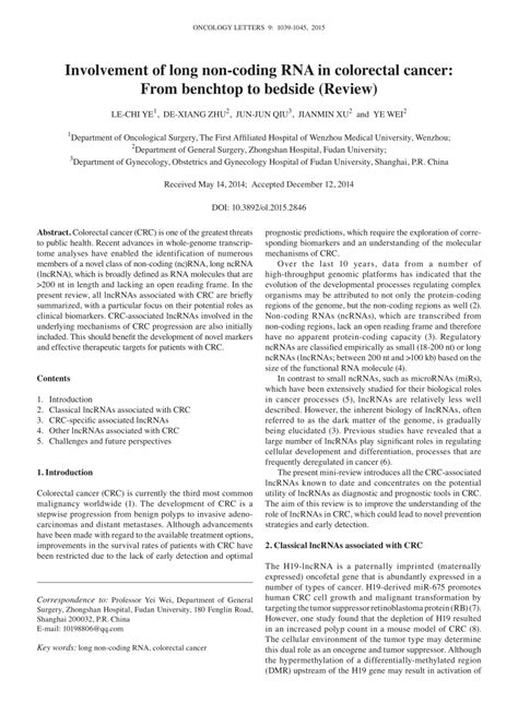 Pdf Involvement Of Long Non Coding Rna In Colorectal Cancer From