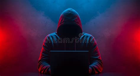 Hacker Using Laptop With Hood In Dark Environment With Colored Lighting Stock Illustration