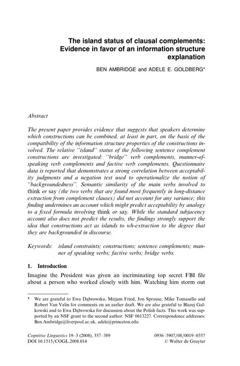 Pdf The Island Status Of Clausal Complements Evidence In Favor Of An Information Structure
