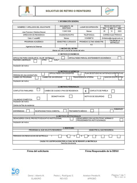 Formato De Solicitud De Retiro O Reintegro Pdf