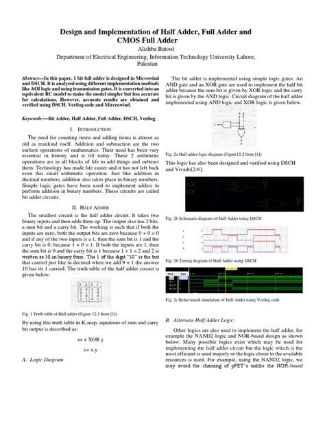 Design And Implementation Of Half Adder Full Adder And Cmos Full Adder Pdf Logic Gate Mosfet