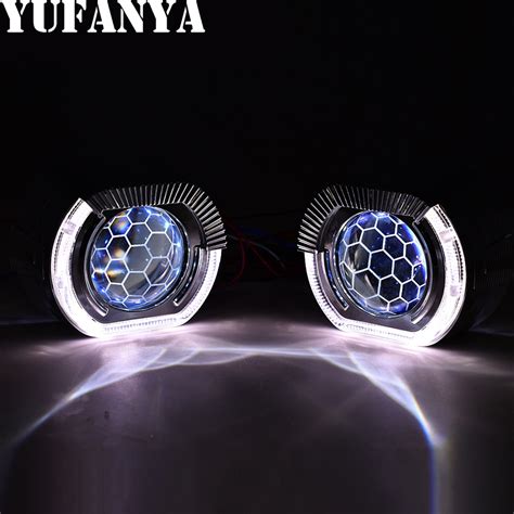 25 블루 허니 콤 바이 크세논 프로젝터 렌즈 Drl 스퀘어 스포츠 Led 엔젤 아이 슈라우드 헤드 램프 H4 H7 H1 자동차 조명 액세서리 튜닝차 등 부품