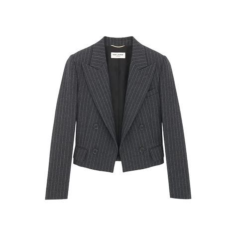 W 생로랑 크롭 자켓 리브 고쉬 스트라이프 플란넬 그리 블랑 Saint Laurent Kream