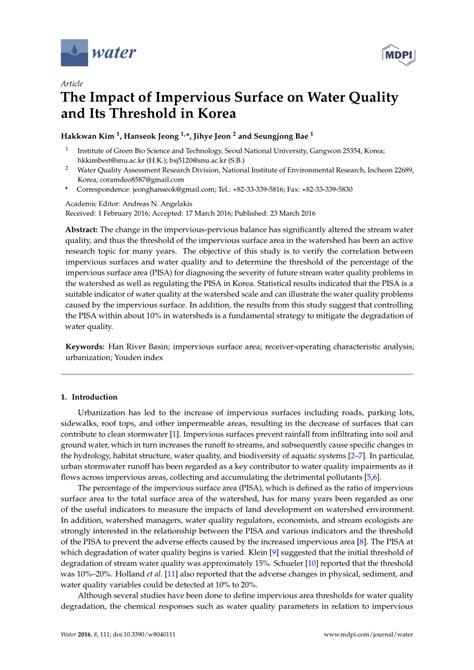 Pdf The Impact Of Impervious Surface On Water Quality And Its Threshold In Korea