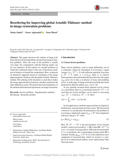 Reordering For Improving Global Arnolditikhonov Method In Image Restoration Problems Request Pdf