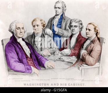 A Drawing Of President George Washington And His Cabinet From Left To
