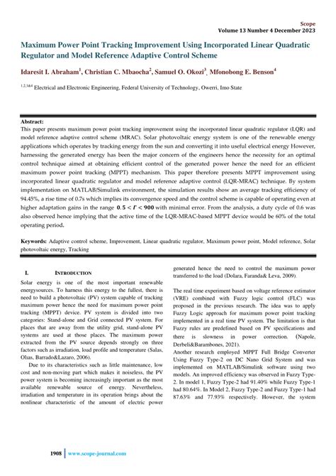 Pdf Maximum Power Point Tracking Improvement Using Incorporated Linear Quadratic Regulator And
