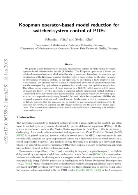 Pdf Koopman Operator Based Model Reduction For Switched System Control Of Pdes