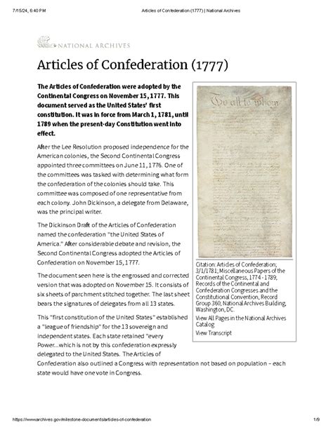 Articles Of Confederation 1777 National Archives Citation Articles