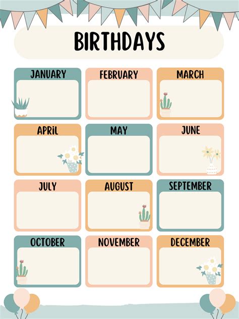 Classroom Birthday Calendar With Flowers And Buntings