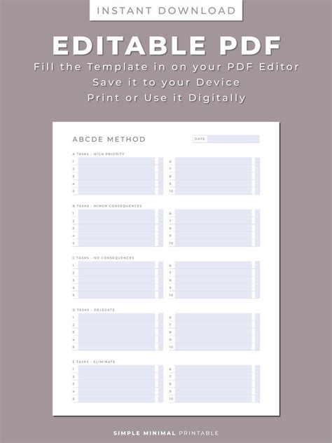 Abcde Method Productivity Printable Task List Letter A4 Pdf Etsy