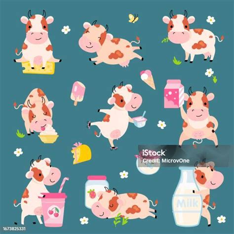 유제품 젖소는 우유병 밀크쉐이크 요구르트 치즈 아이스크림을 껴안습니다 다양한 포즈의 만화 재미있는 소 요즘 벡터 캐릭터 0명에 대한 스톡 벡터 아트 및 기타 이미지 Istock
