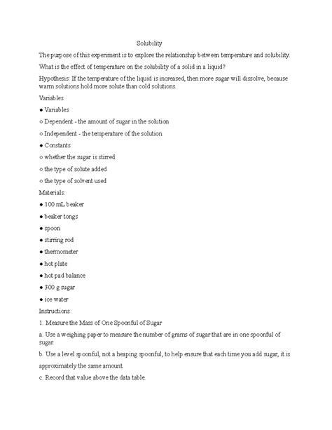 Solubility LAB Report Solubility The Purpose Of This Experiment Is To Explore The Relationship