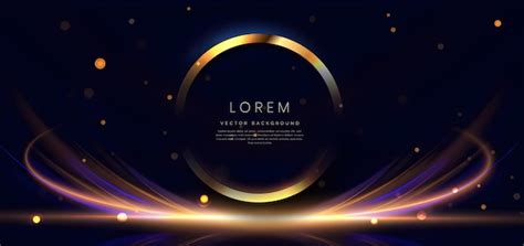 황금색 원과 빛 효과가 있는 추상적인 파란색 배경 프리미엄 벡터