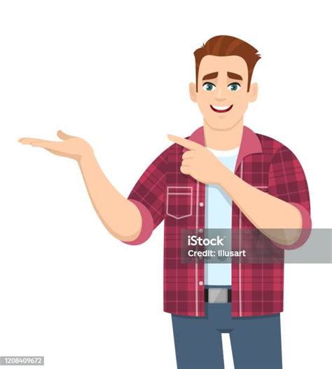 잘 생긴 세련 된 젊은 남자 보여주는 손과 가리키는 손가락 공간을 복사 합니다 캐주얼 한 드레스를 입고 웃는 사람 뭔가 를 소개 합니다 트렌디 한 남성 캐릭터 일러스트 벡터