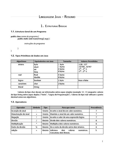 Resumo Da Linguagem Java Download Grátis Pdf Algoritmos Ciência