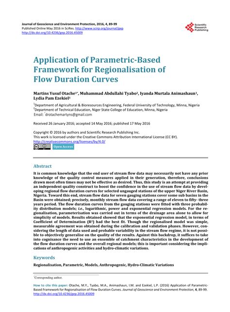 Pdf Application Of Parametric Based Framework For Regionalisation Of