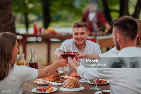아름다운 자연에서 강 근처의 여름 휴가 휴가 기간 동안 야외에서 피크닉 프렌치 디너 파티를 하는 동안 레드 와인 잔을 건배하는 행복한 친구들 20 24세에 대한 스톡 사진